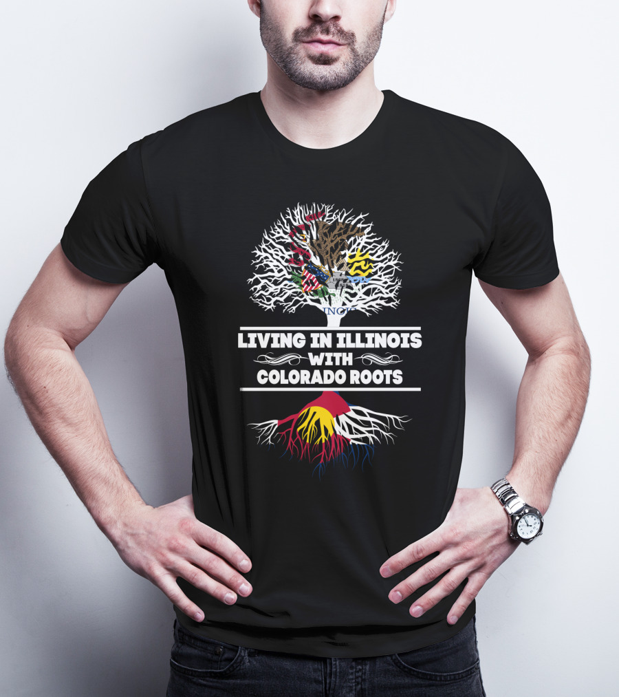 Living In Illinois With Colorado Roots Tree Design Featuring Official State Symbols T-Shirt