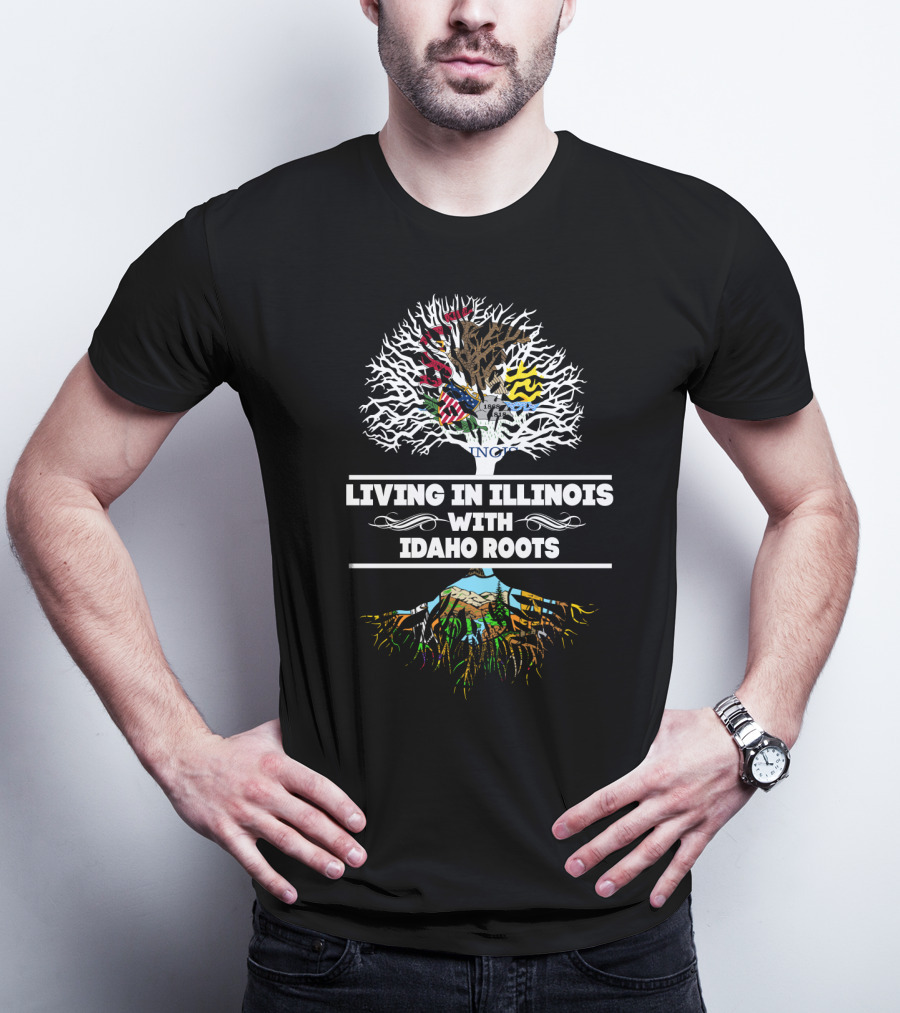 Living In Illinois With Authentic Idaho Roots Tree Design Featuring State Colors And Symbols T-Shirt