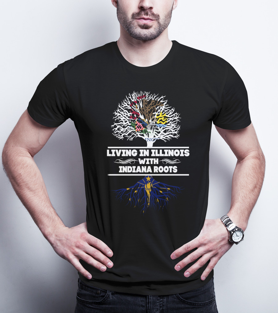 Illinois Living With Indiana State Flag Roots Tree T-Shirt