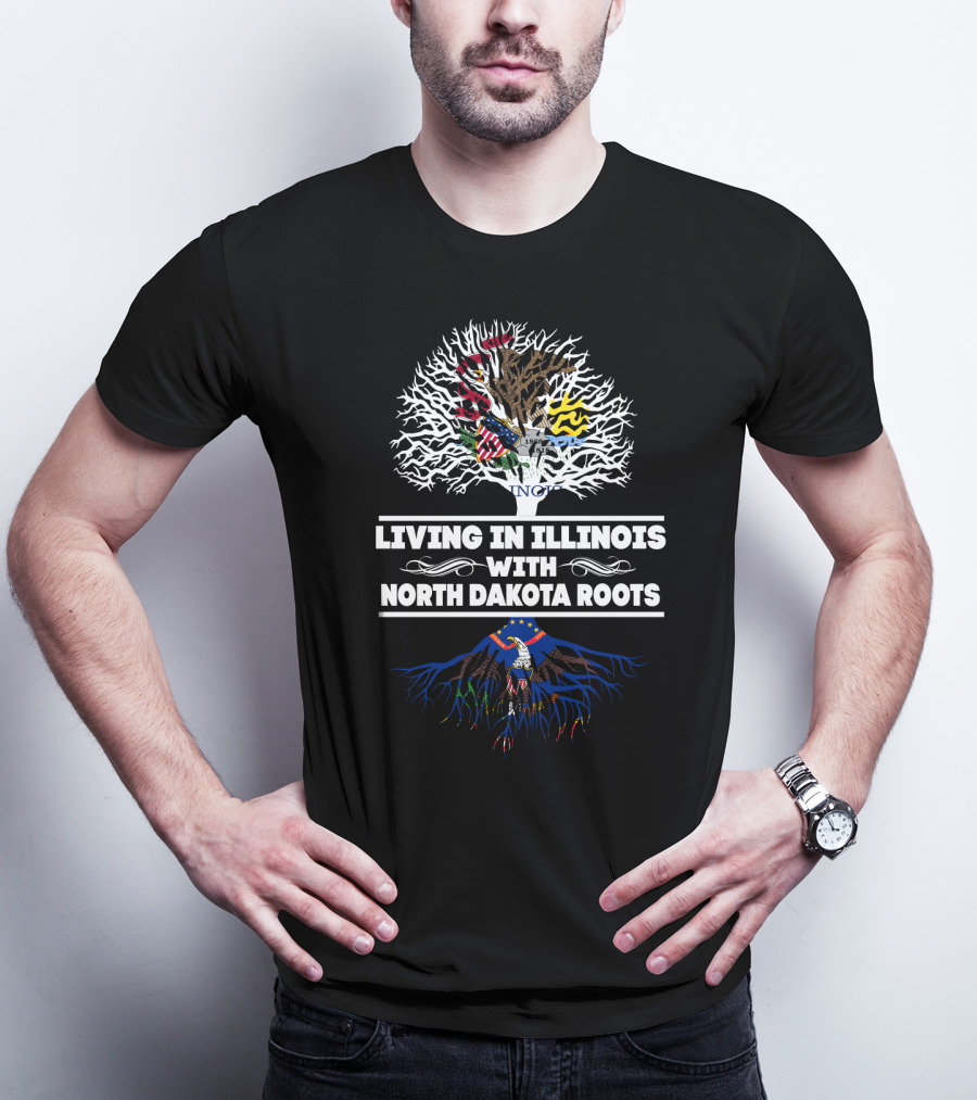Living In Illinois With North Dakota Roots State Flags Tree T-Shirt