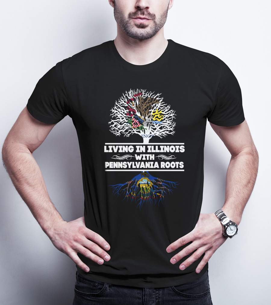 Illinois Living Pennsylvania Roots Tree With State Flags Heritage Connection T-Shirt