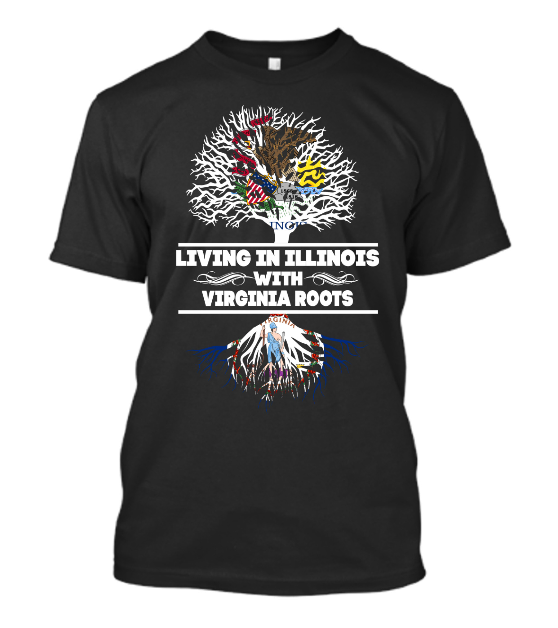 Living In Illinois With Virginia Roots Tree Design Featuring State Symbols T-Shirt