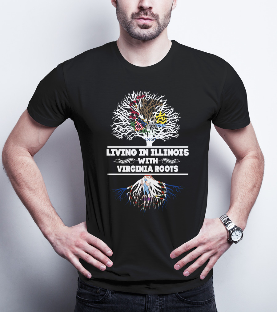 Living In Illinois With Virginia Roots Tree Design Featuring State Symbols T-Shirt