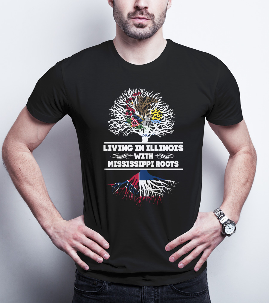 Illinois And Mississippi Heritage With State Emblems And Roots Motif T-Shirt