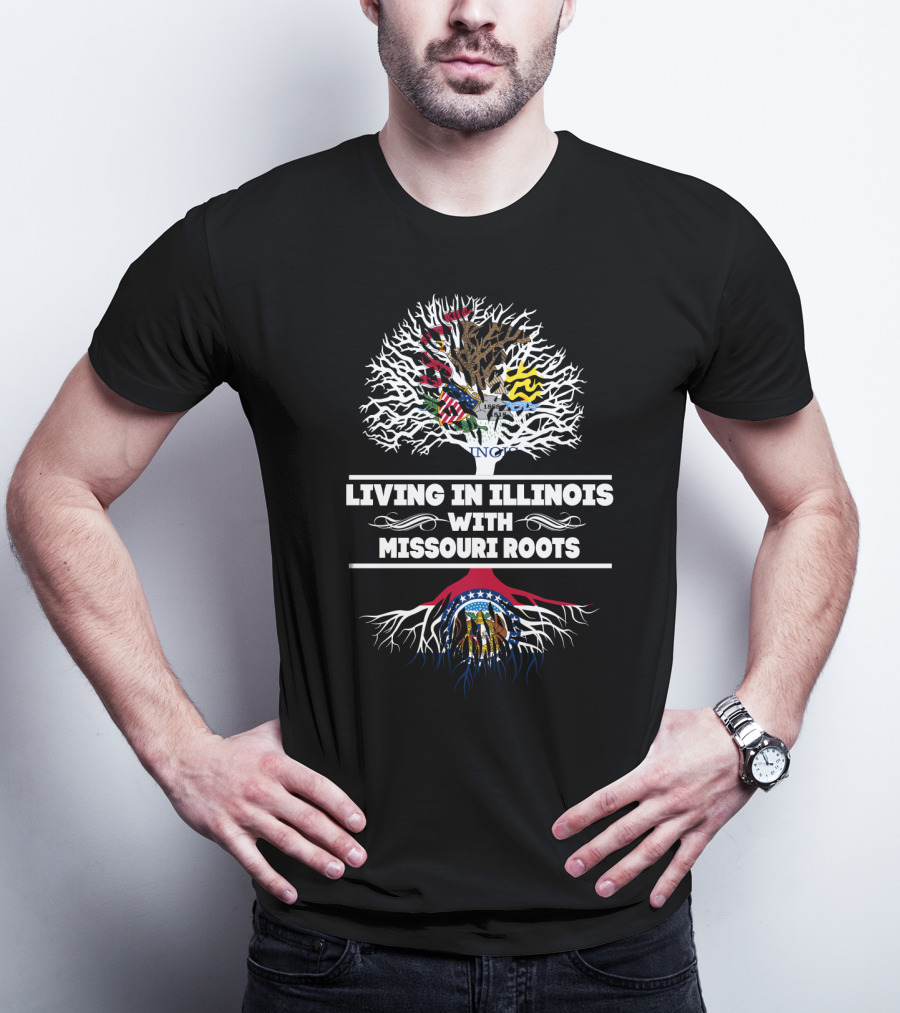 Living In Illinois With Missouri Roots Featuring State Flags And Tree Symbolism T-Shirt