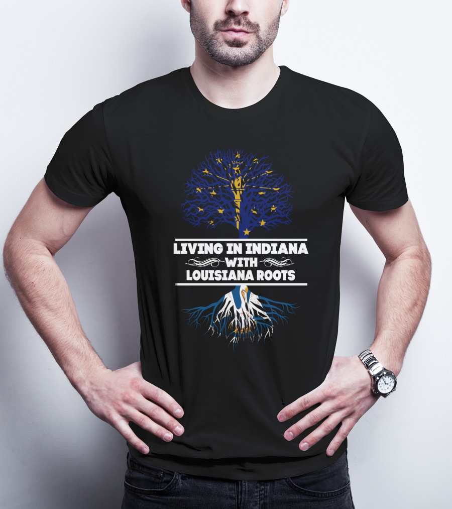 Living In Indiana With Louisiana Roots Blue And Gold Tree With Stars And White Roots T-Shirt