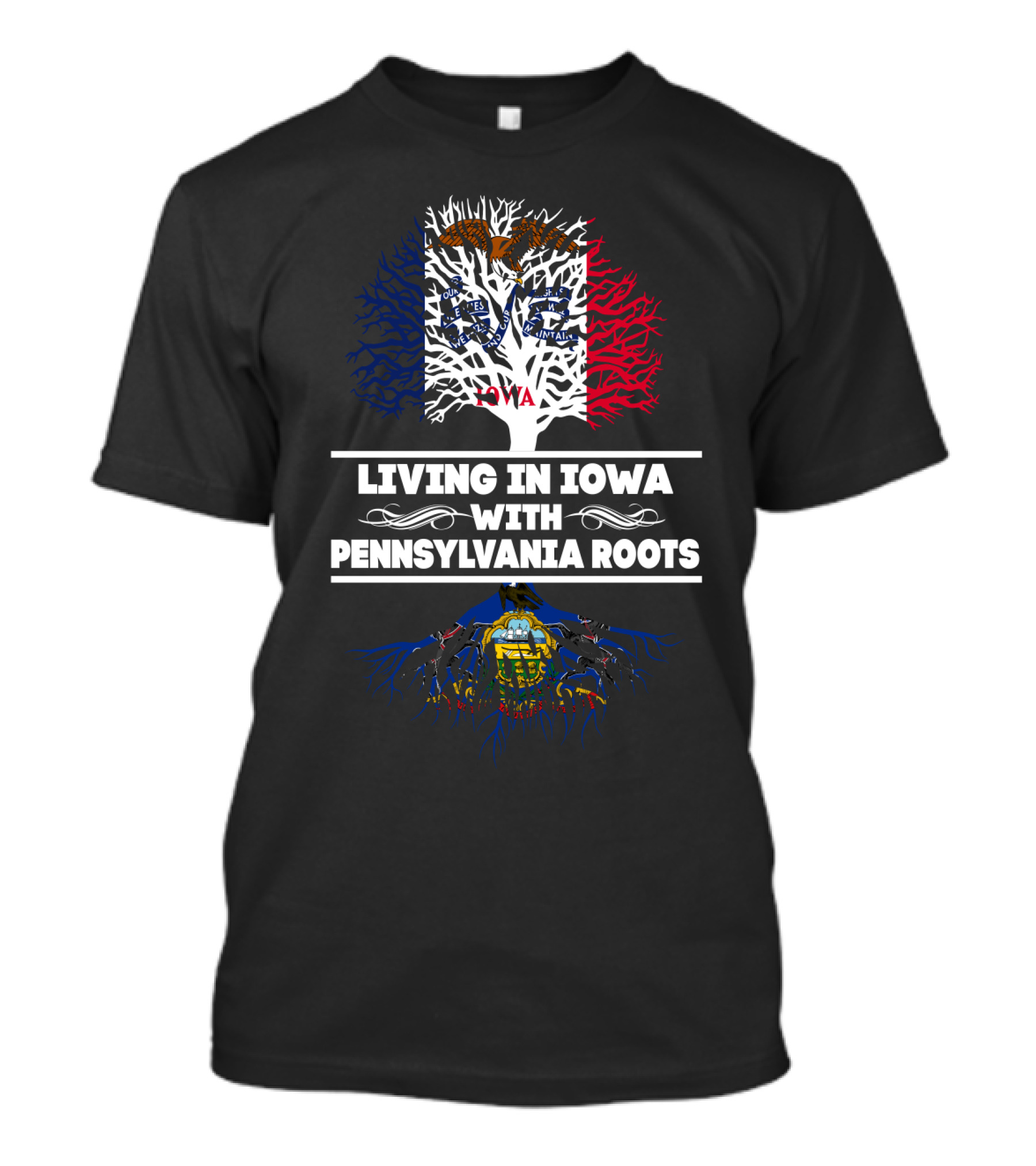 Iowa And Pennsylvania Heritage Tree Design Featuring State Flags And Emblems T-Shirt