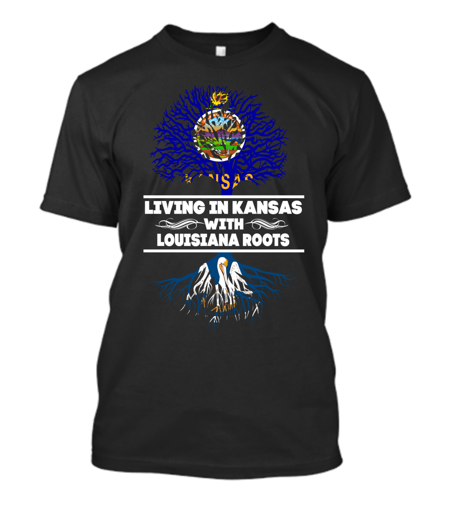Living In Kansas With Vibrant Louisiana Tree Roots And State Connection T-Shirt