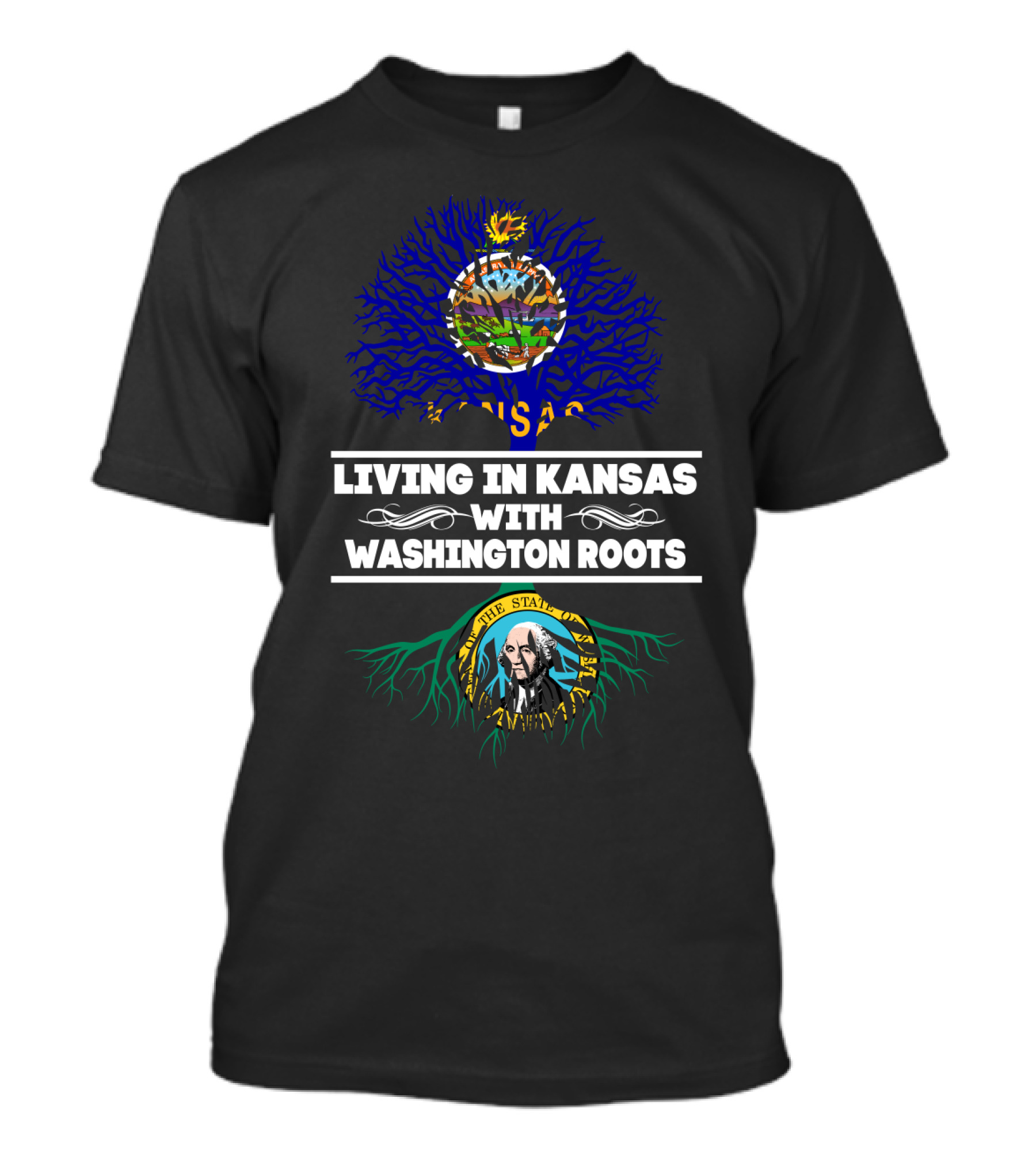 Kansas State Flag Over Washington State Seal Roots: Living In Kansas With Washington Heritage T-Shirt
