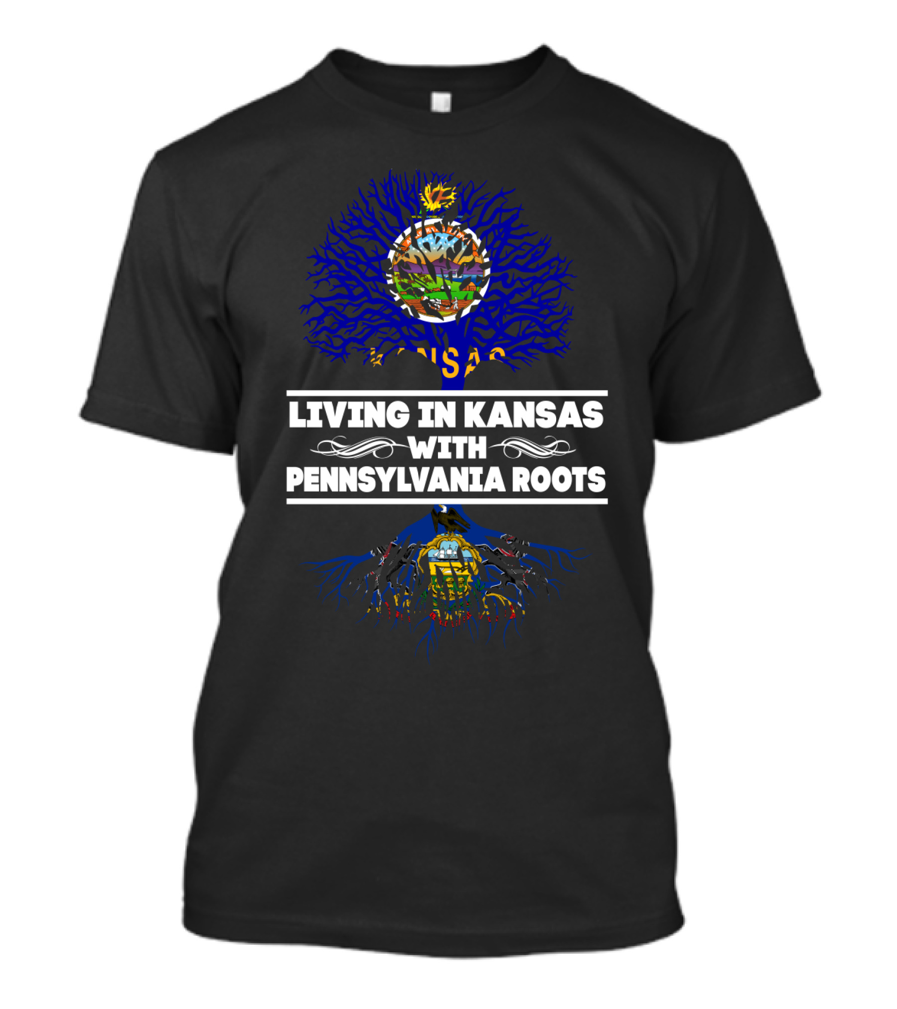 Living In Kansas With Pennsylvania Roots Flag And Tree Emblems T-Shirt