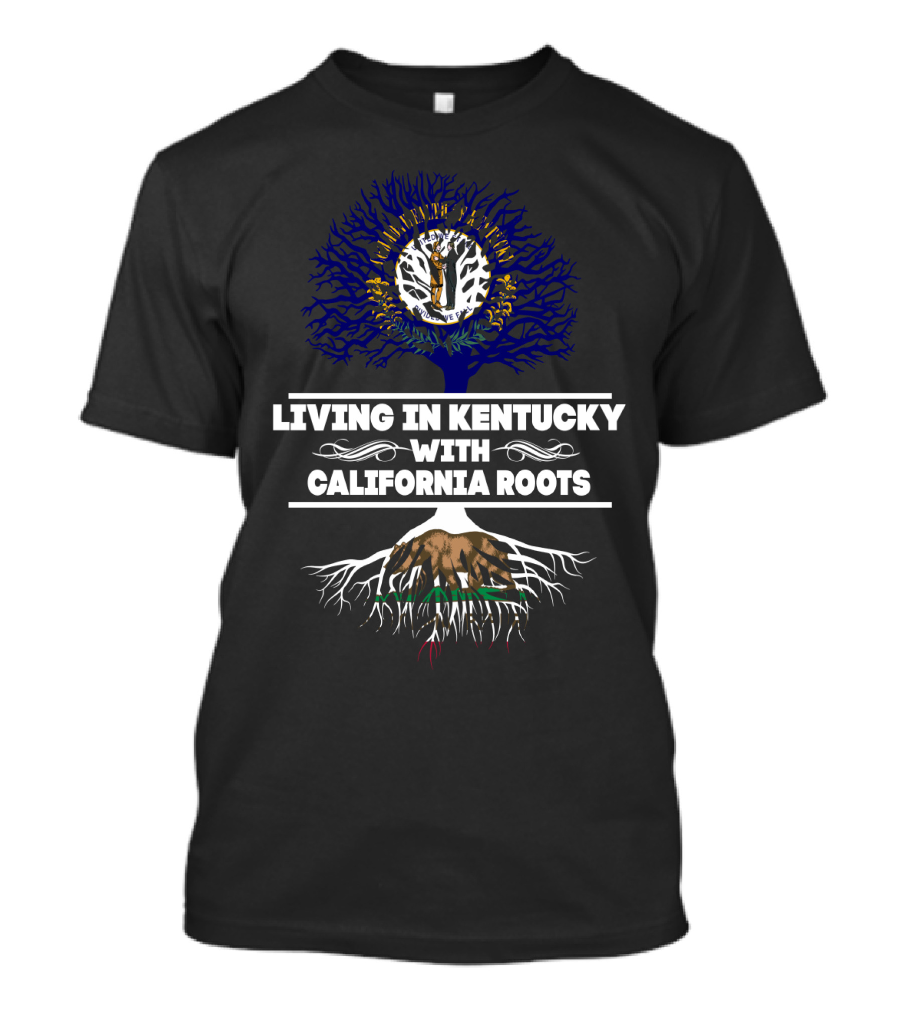 Kentucky Life With California Roots Tree Featuring State Symbols And Flags T-Shirt