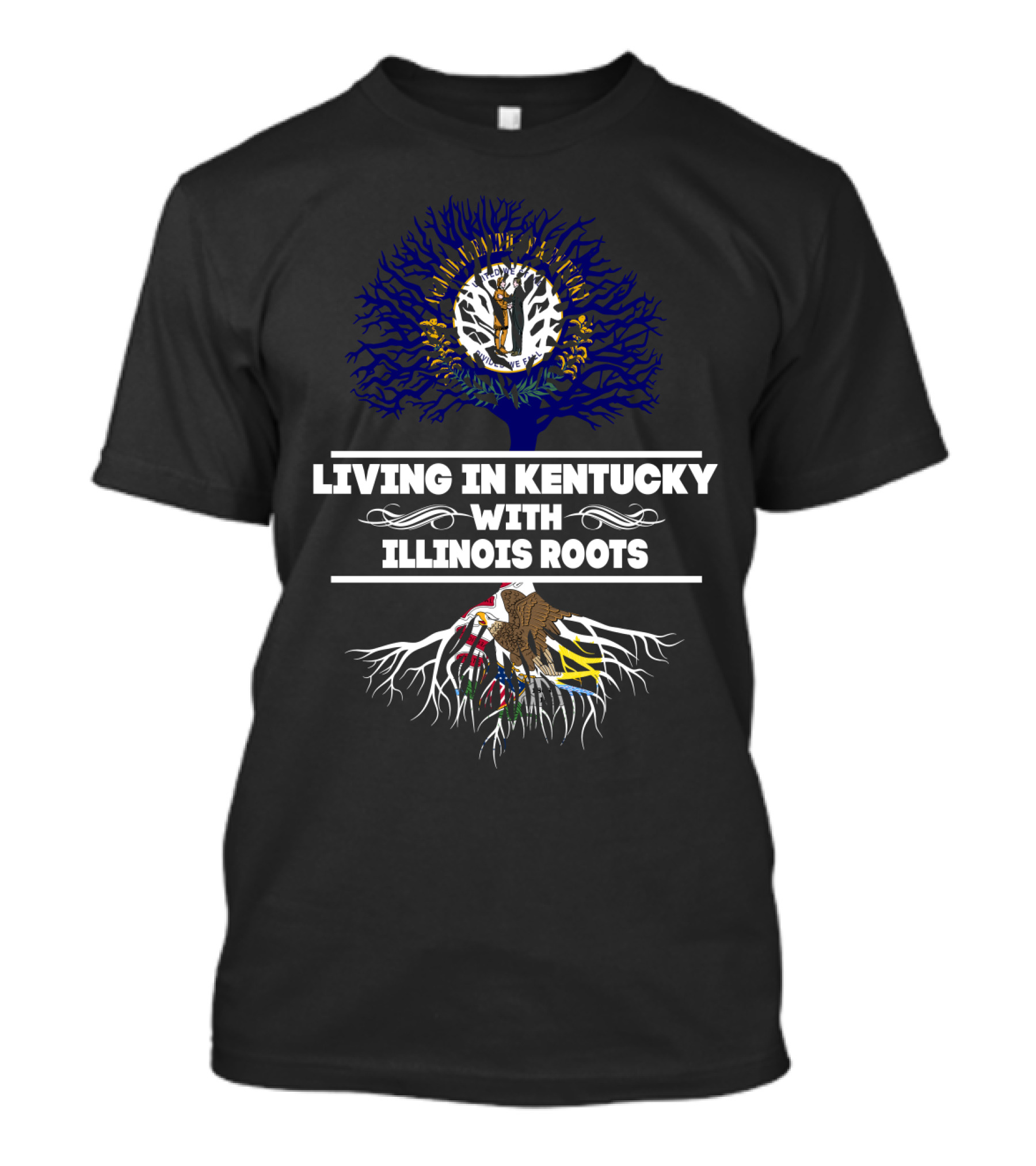 Living In Kentucky With Illinois Roots Tree Design Featuring State Symbols T-Shirt