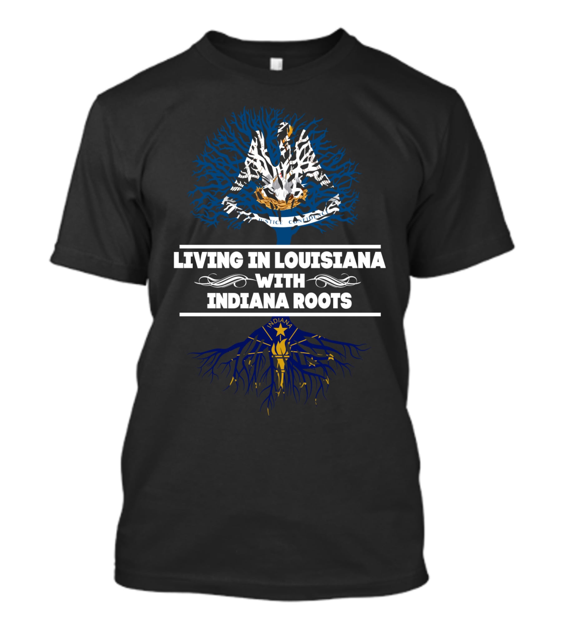 Living In Louisiana With Indiana Roots - Louisiana Pelican And Indiana Torch Symbols T-Shirt