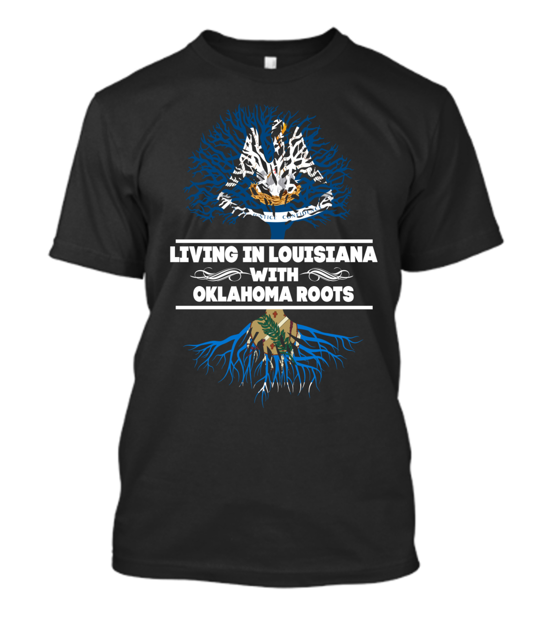 Living In Louisiana With Oklahoma Roots Pelican And State Symbols Tree T-Shirt