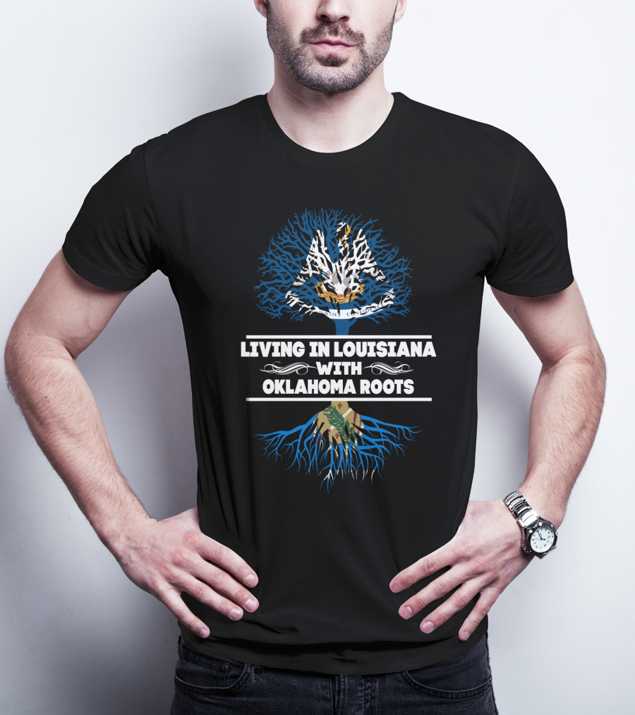 Living In Louisiana With Oklahoma Roots Pelican And State Symbols Tree T-Shirt