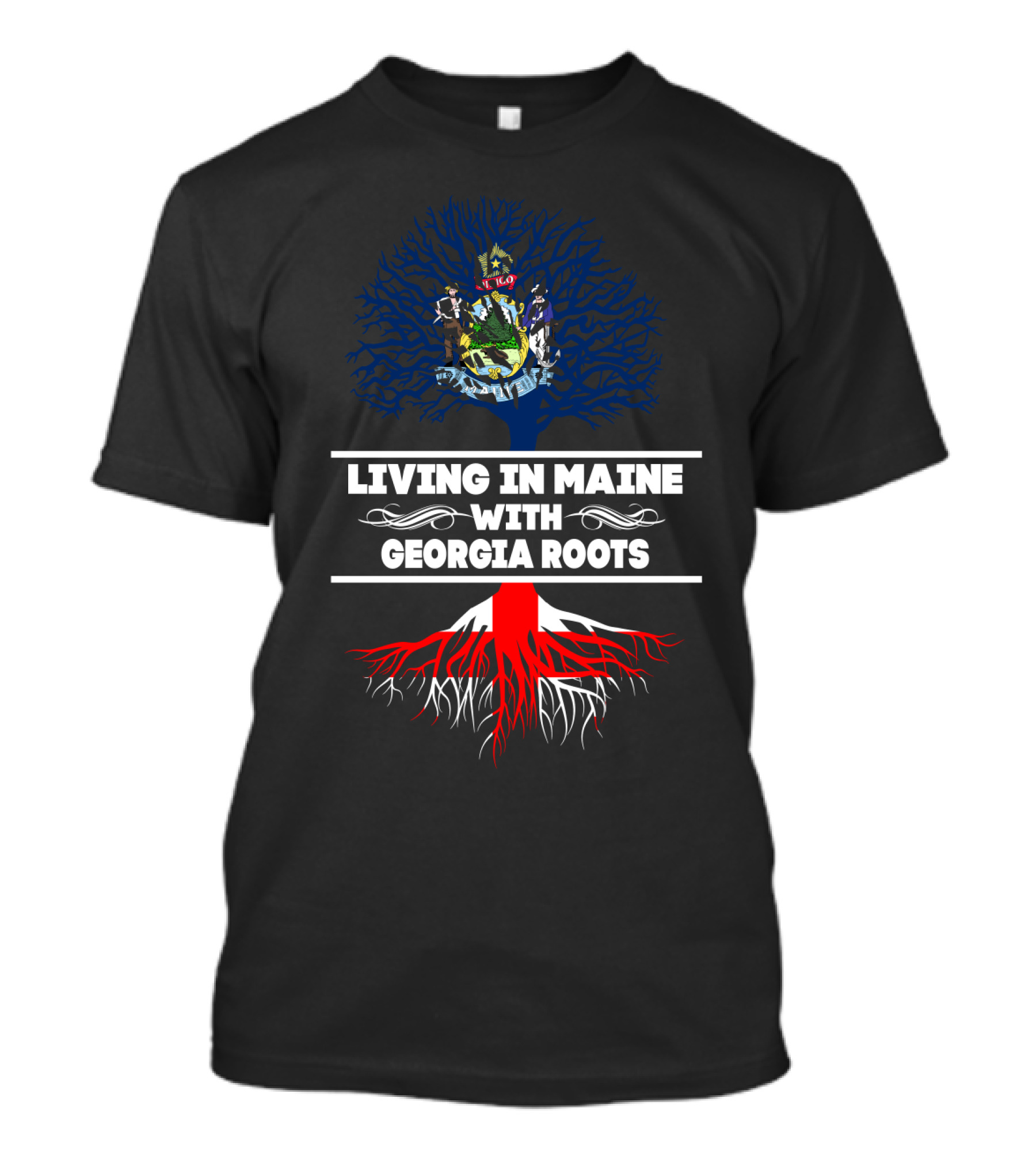 Living In Maine Beneath Georgia Heritage With State Symbols And Root T-Shirt
