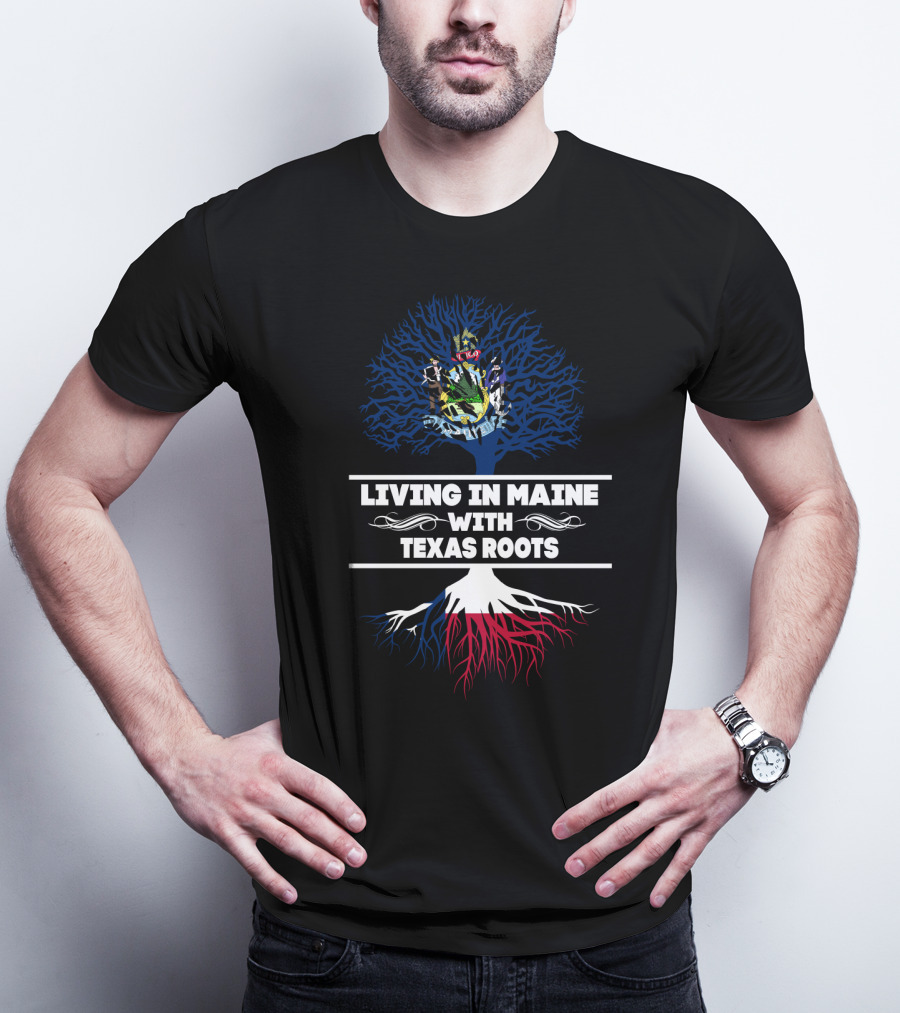 Living In Maine With Texas Roots: State Symbols Blended In Artistic Tree T-Shirt