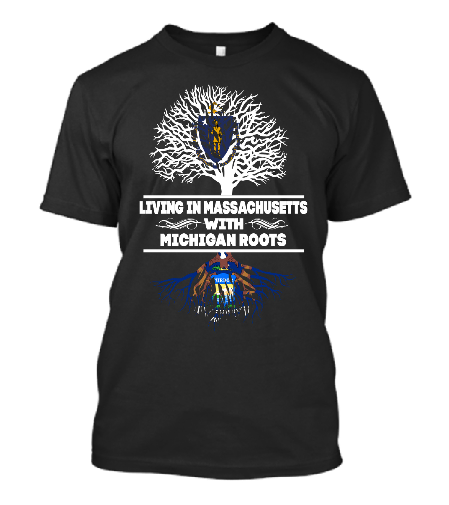 Living In Massachusetts With Deep Michigan Heritage Emblem Tree T-Shirt