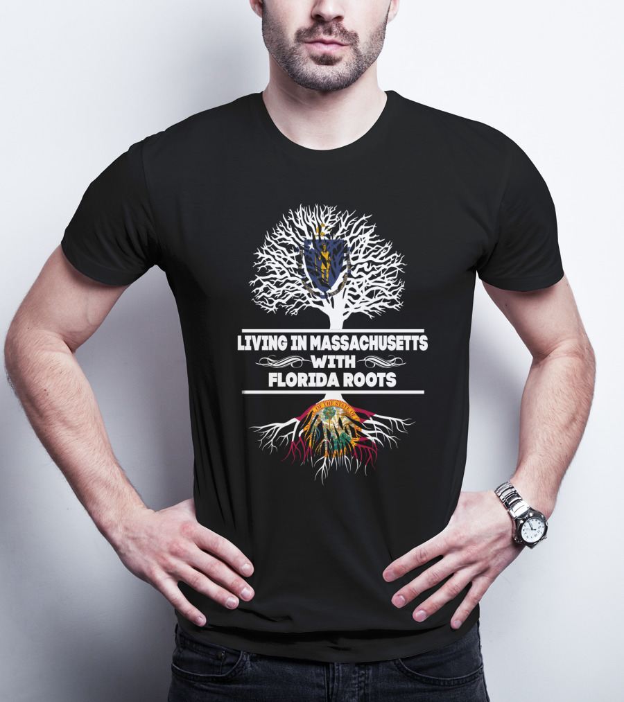 Proudly Living In Massachusetts Symbolizing Florida Roots With State Seals And Tree T-Shirt