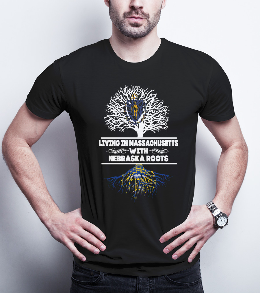 Living In Massachusetts Proudly Showcasing Nebraska Roots With State Seal T-Shirt