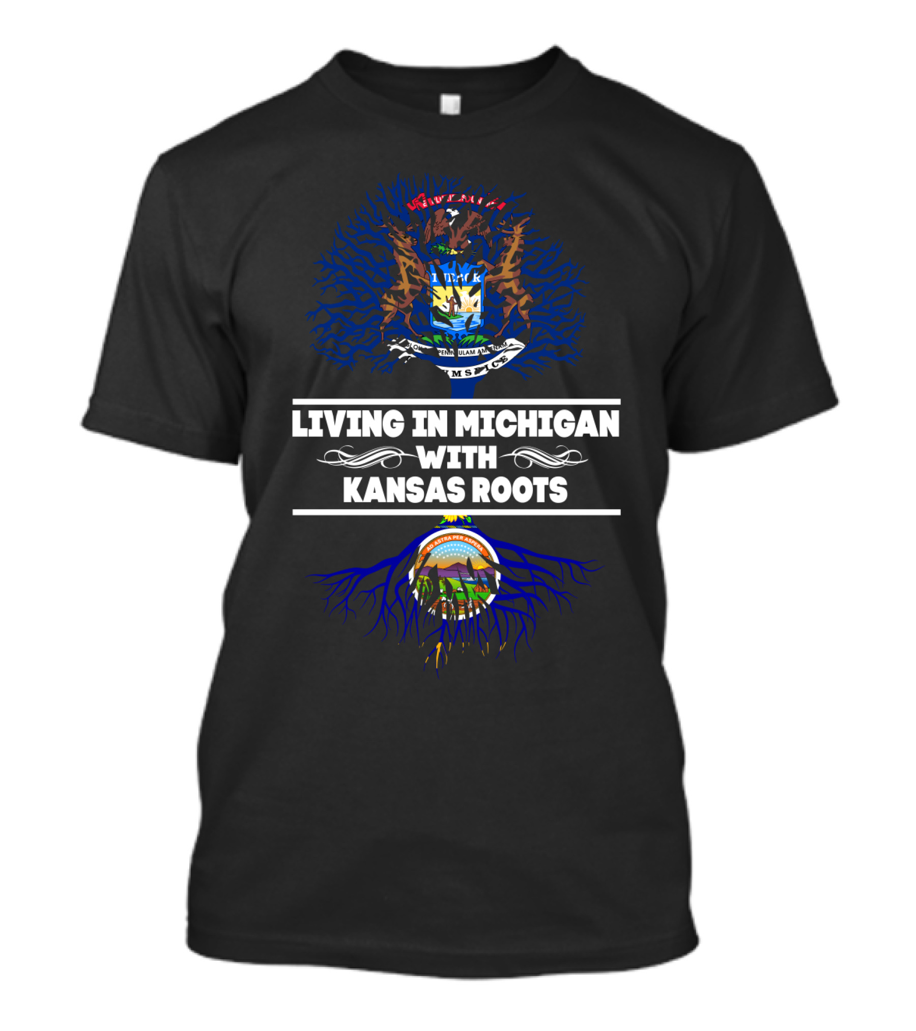 Michigan Living Kansas Roots Featuring State Seals And Tree T-Shirt