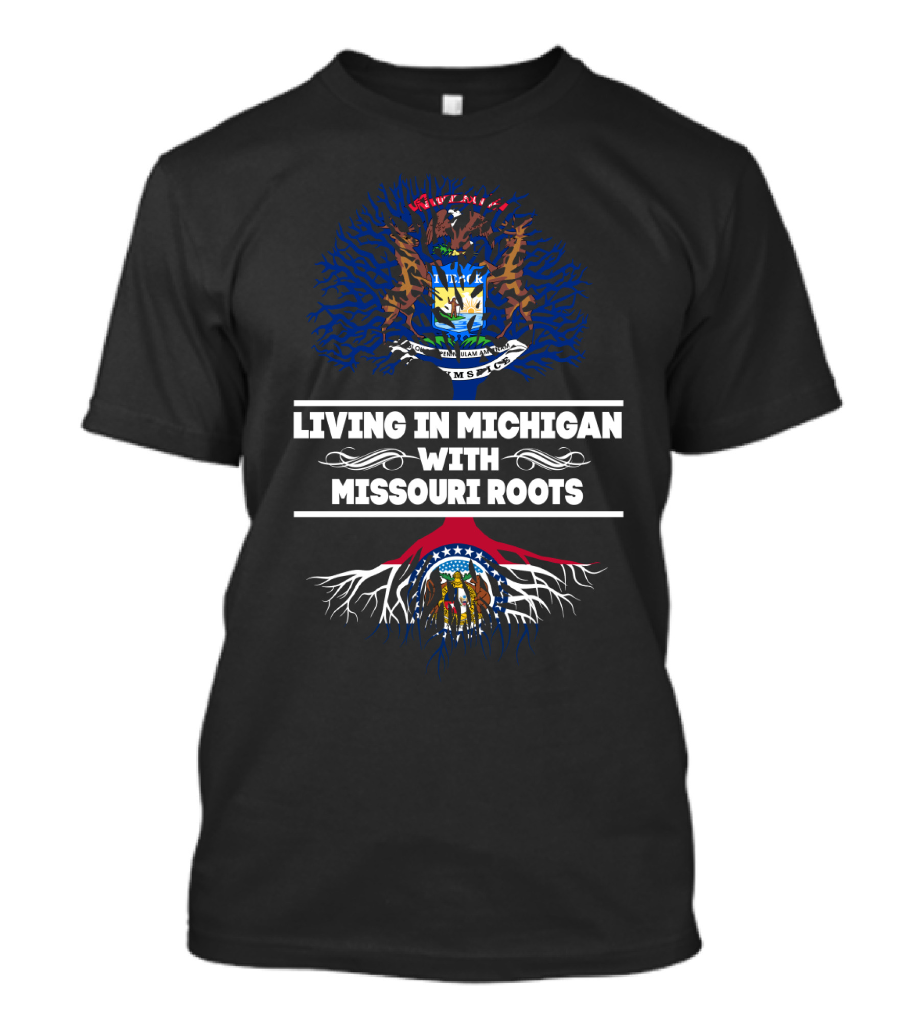 Living In Michigan With Missouri Roots Featuring State Seal Symbols And Colorful Tree Motifs T-Shirt