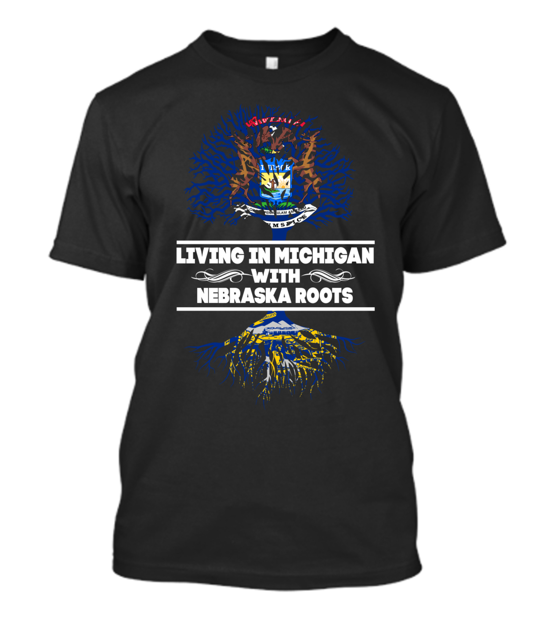 Living In Michigan With Nebraska Roots Featuring State Seal And Tree T-Shirt