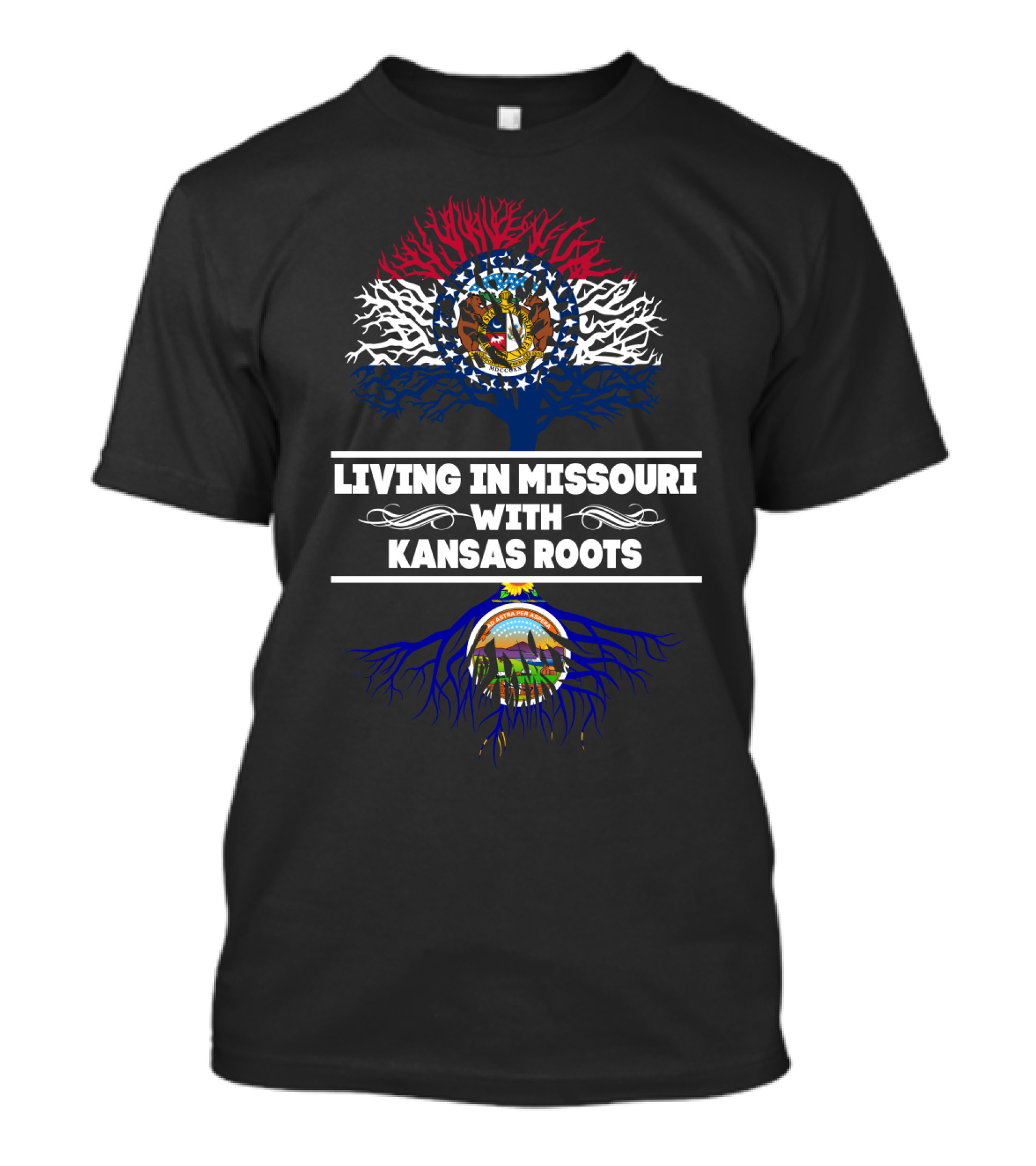 Living In Missouri Embracing Kansas Roots With State Seals And Tree T-Shirt
