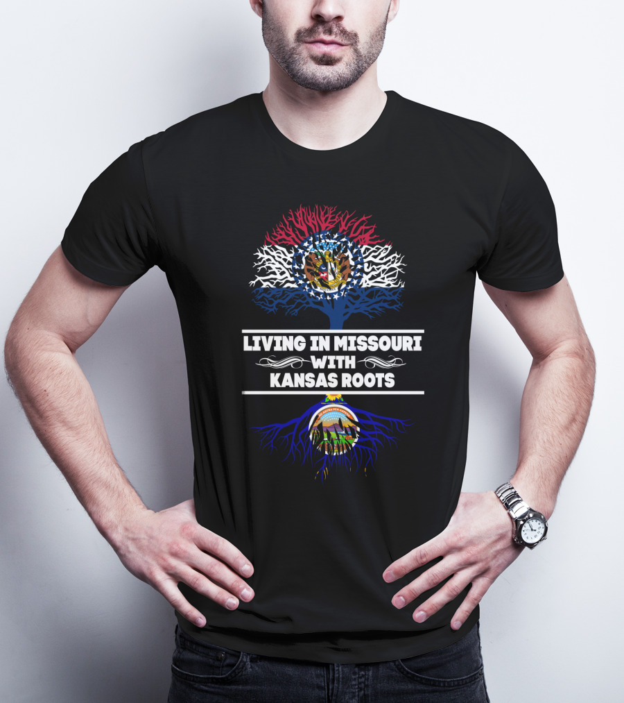 Living In Missouri Embracing Kansas Roots With State Seals And Tree T-Shirt