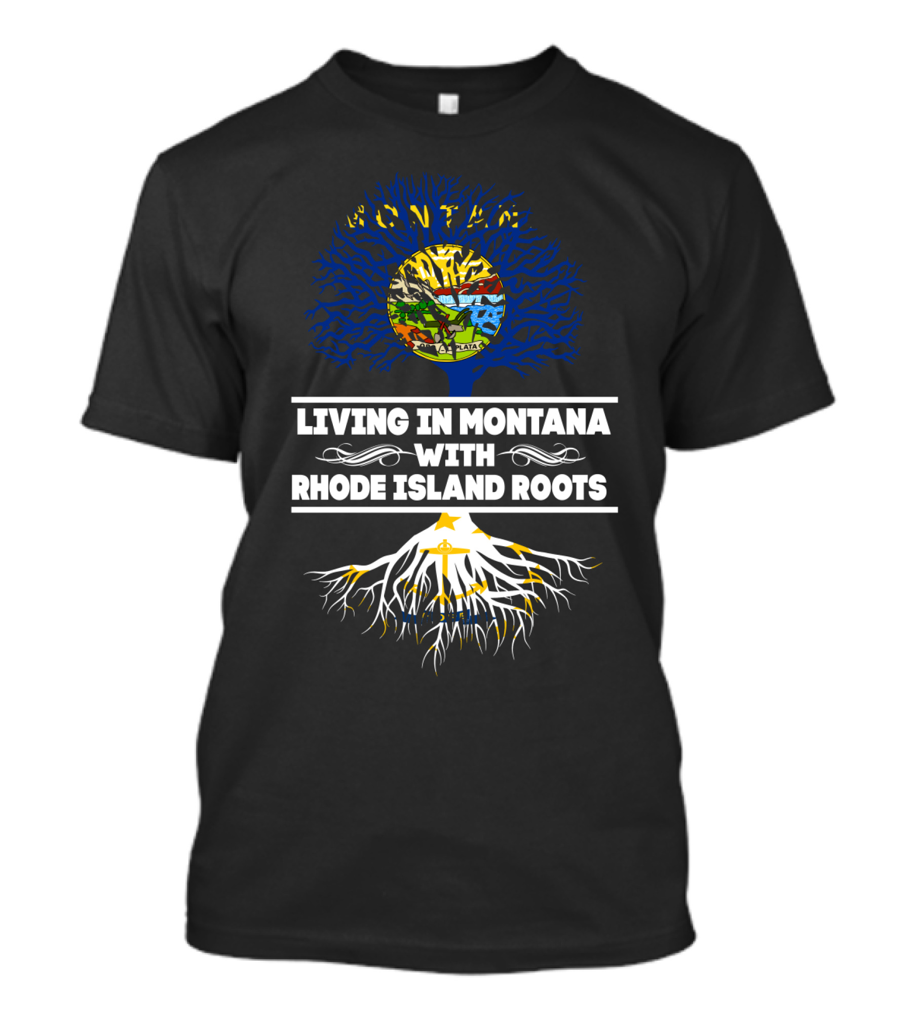 Montana Heritage Tree With Rhode Island Roots Connection Displaying State Flags T-Shirt