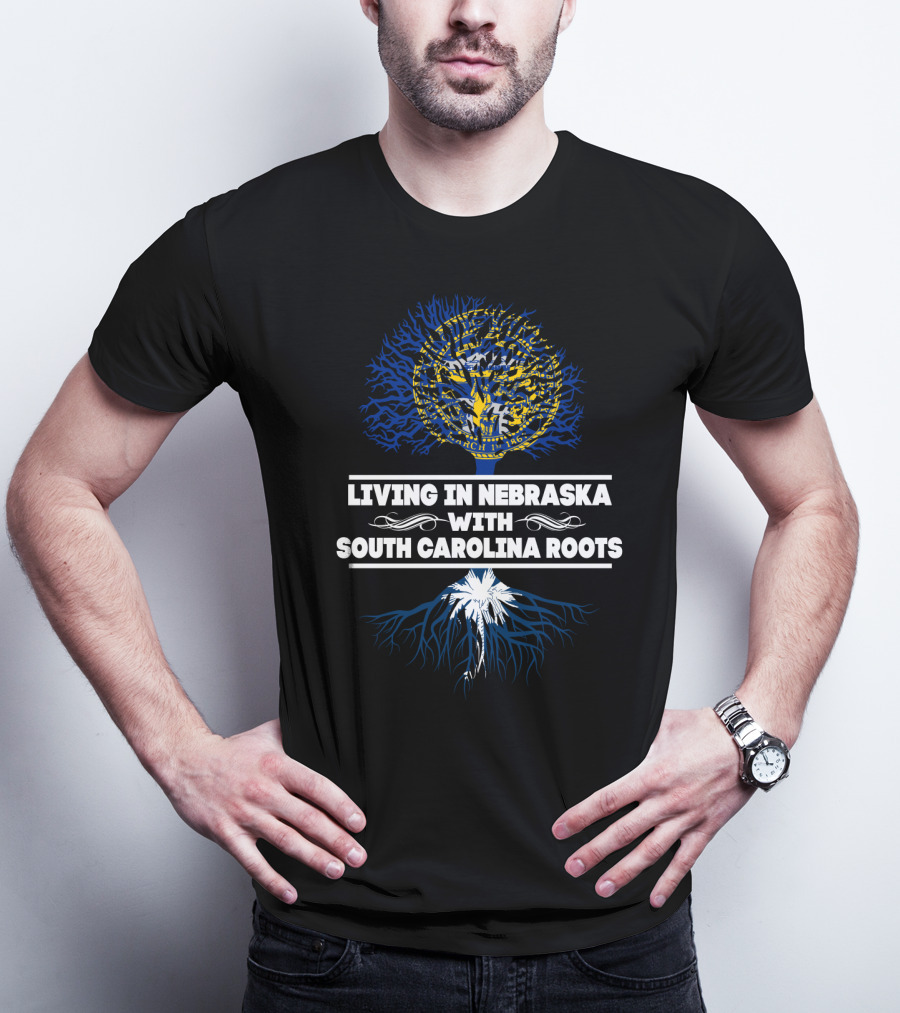 Living In Nebraska With South Carolina Roots Nebraska Seal And South Carolina Palmetto Tree T-Shirt