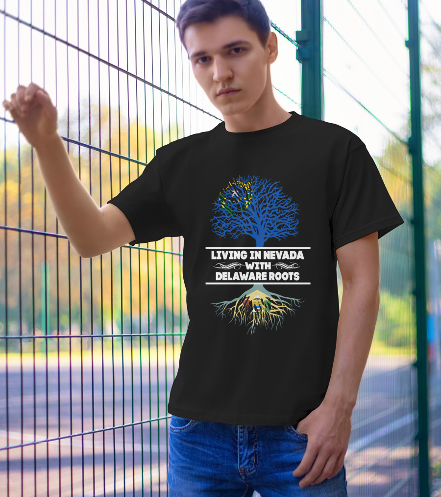 Living In Nevada Embracing Delaware Roots With Iconic State Symbols And Tree T-Shirt