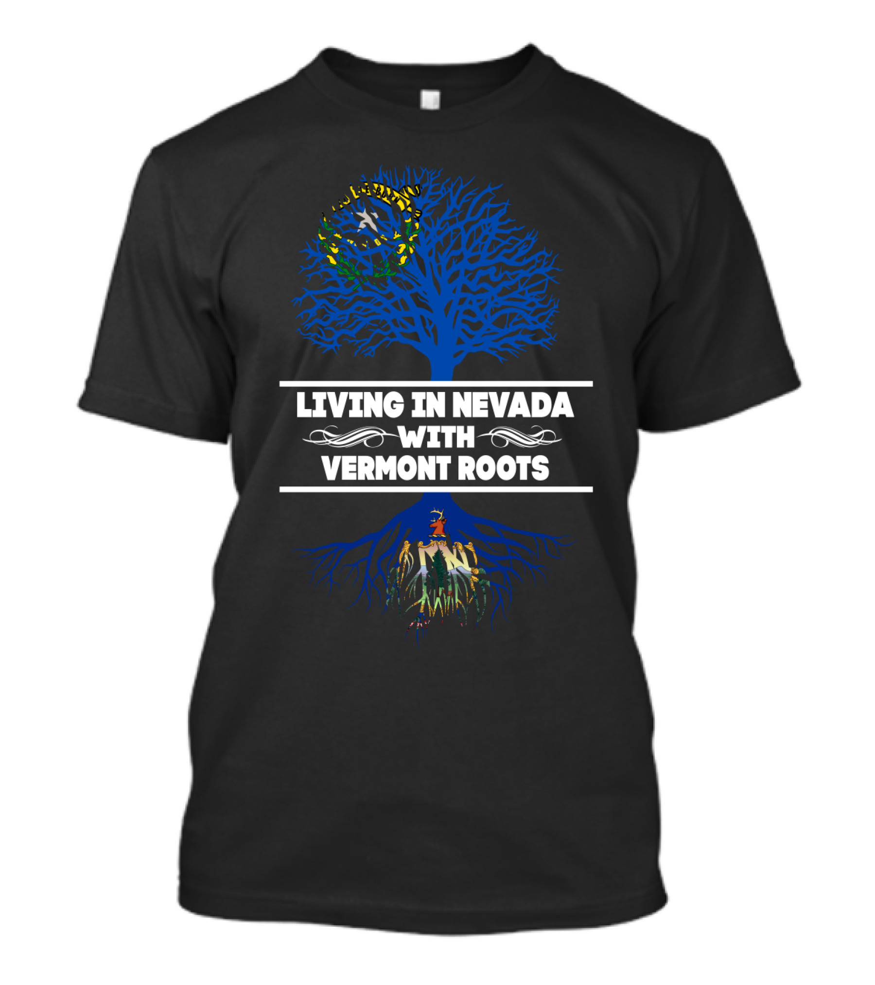 Nevada Living With Vermont Roots Symbolized By Tree Featuring State Flags T-Shirt