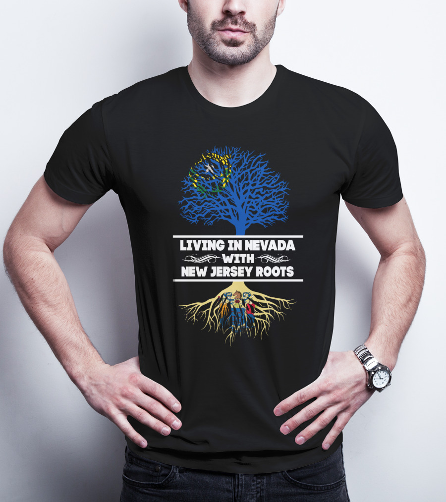 Living In Nevada With New Jersey Roots Blue And Yellow Tree With People Entwined In Roots T-Shirt