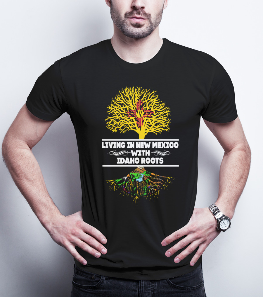 Living In New Mexico With IDAHO Roots Zia Symbol Tree And Gem State Landscape T-Shirt
