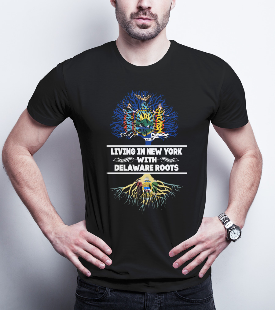 Living In New York With Delaware Roots Emphasizing State Flags And Heraldic Symbols T-Shirt
