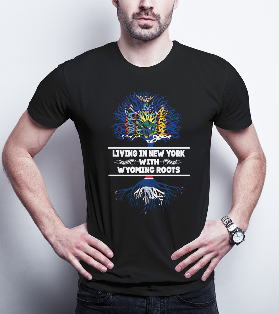 Living In New York With Wyoming Roots Tree Graphic Featuring New York State Seal T-Shirt