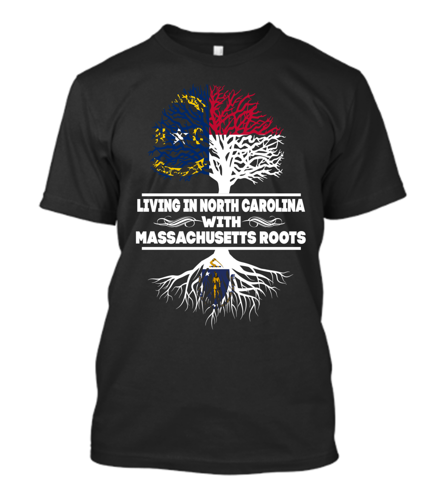 Living In North Carolina With Massachusetts Roots Tree Design Featuring State Flags T-Shirt