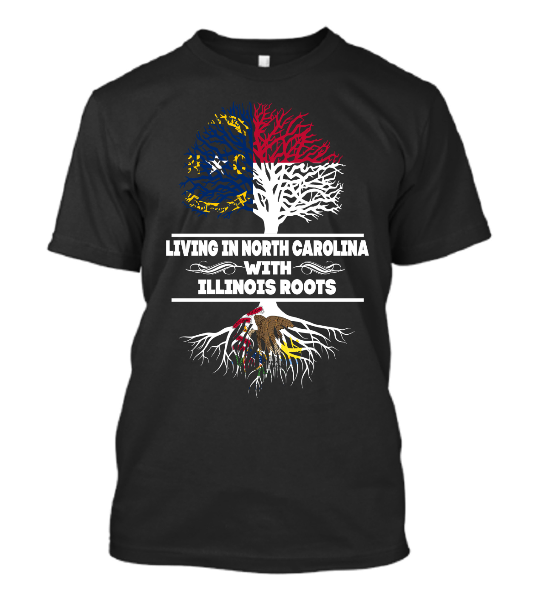 Pride In Heritage: North Carolina Living Connected To Illinois Roots With State Flag Elements And Tree Symbolism T-Shirt
