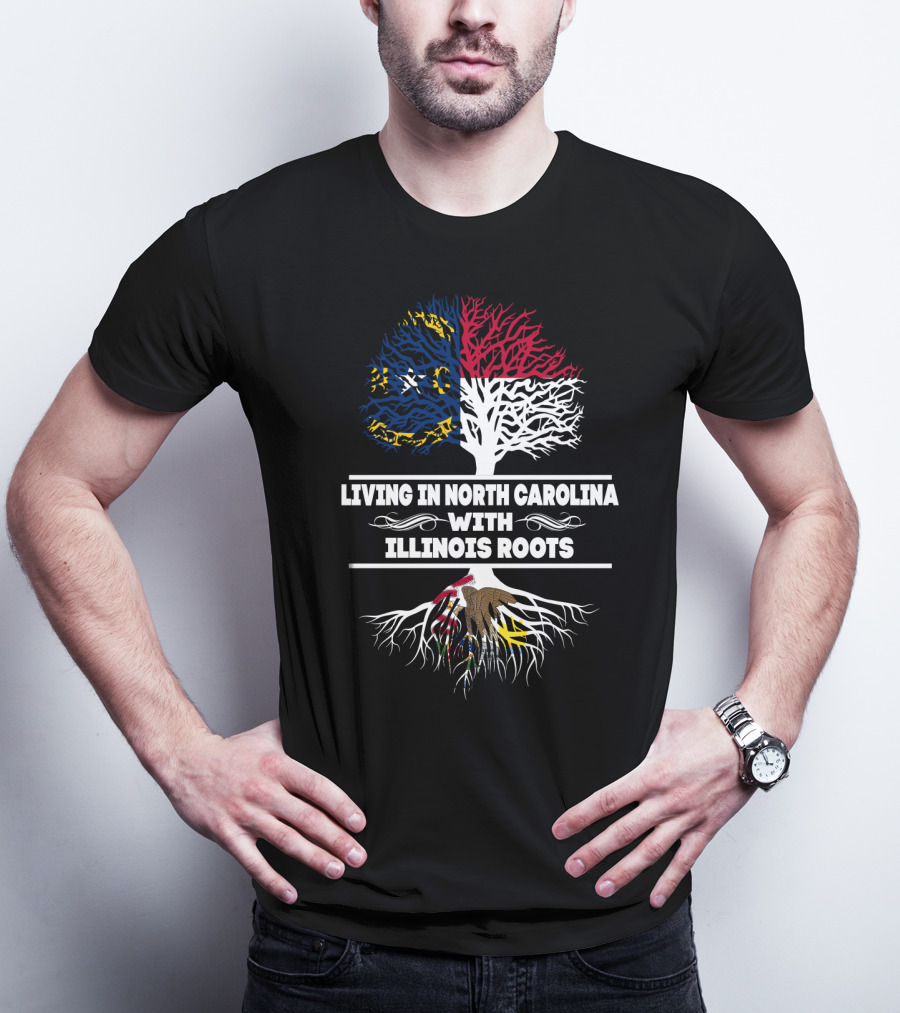 Pride In Heritage: North Carolina Living Connected To Illinois Roots With State Flag Elements And Tree Symbolism T-Shirt