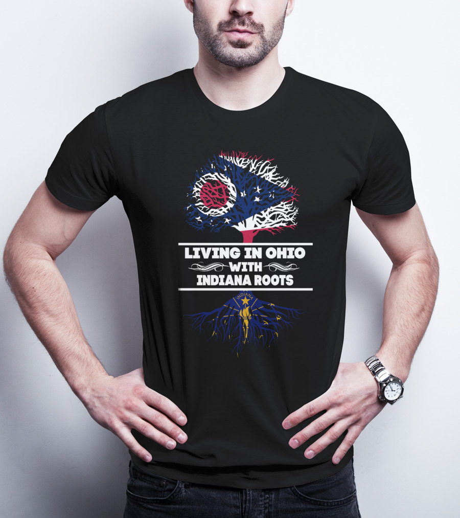 Ohio State Flag Tree With Indiana State Flag Roots Symbolizing Dual Heritage Connection T-Shirt