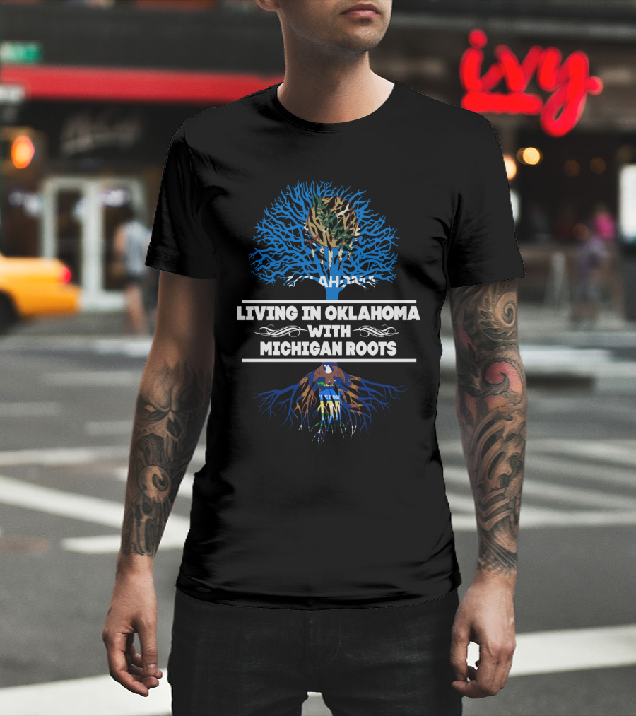 Oklahoma Life With Deep Michigan Heritage Connection Featuring Blue Tree And State Symbols T-Shirt