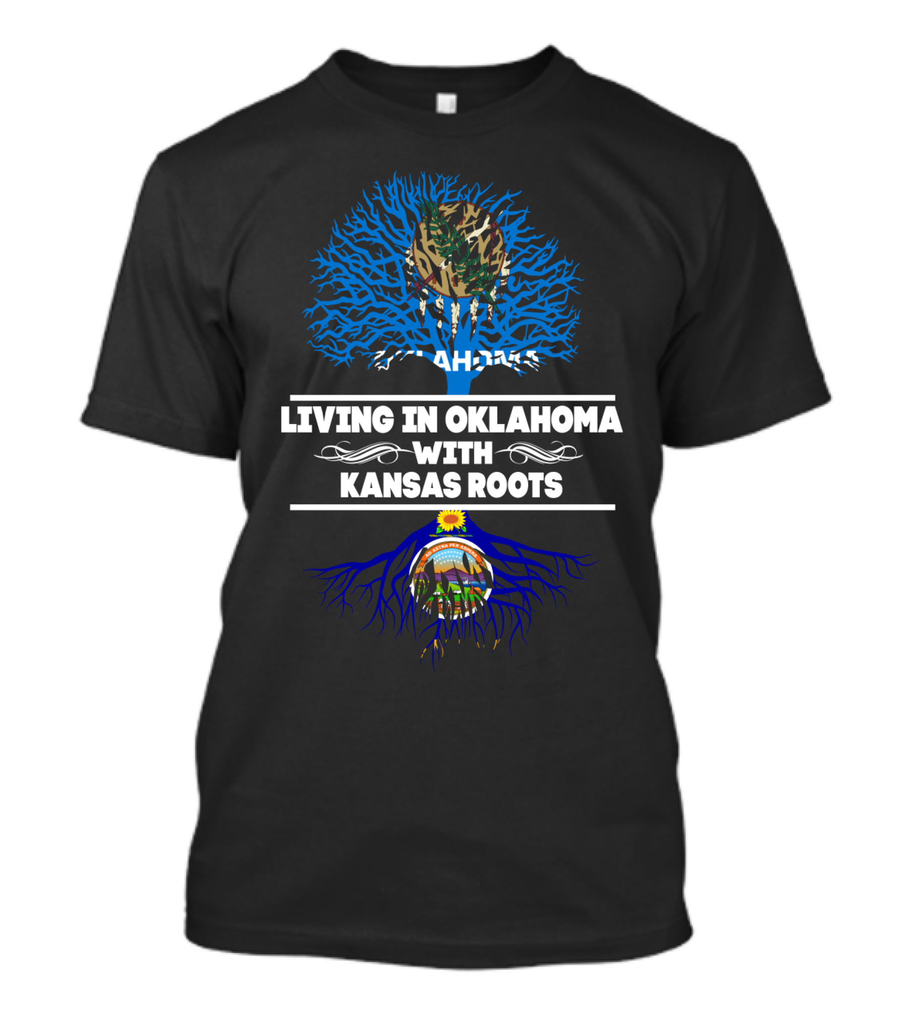 Living In Oklahoma With Kansas Roots Tree Design Featuring State Symbols T-Shirt