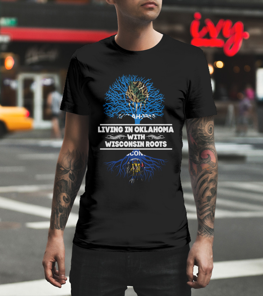 Oklahoma Living Wisconsin Roots Tree Design Featuring State Flags And Roots T-Shirt