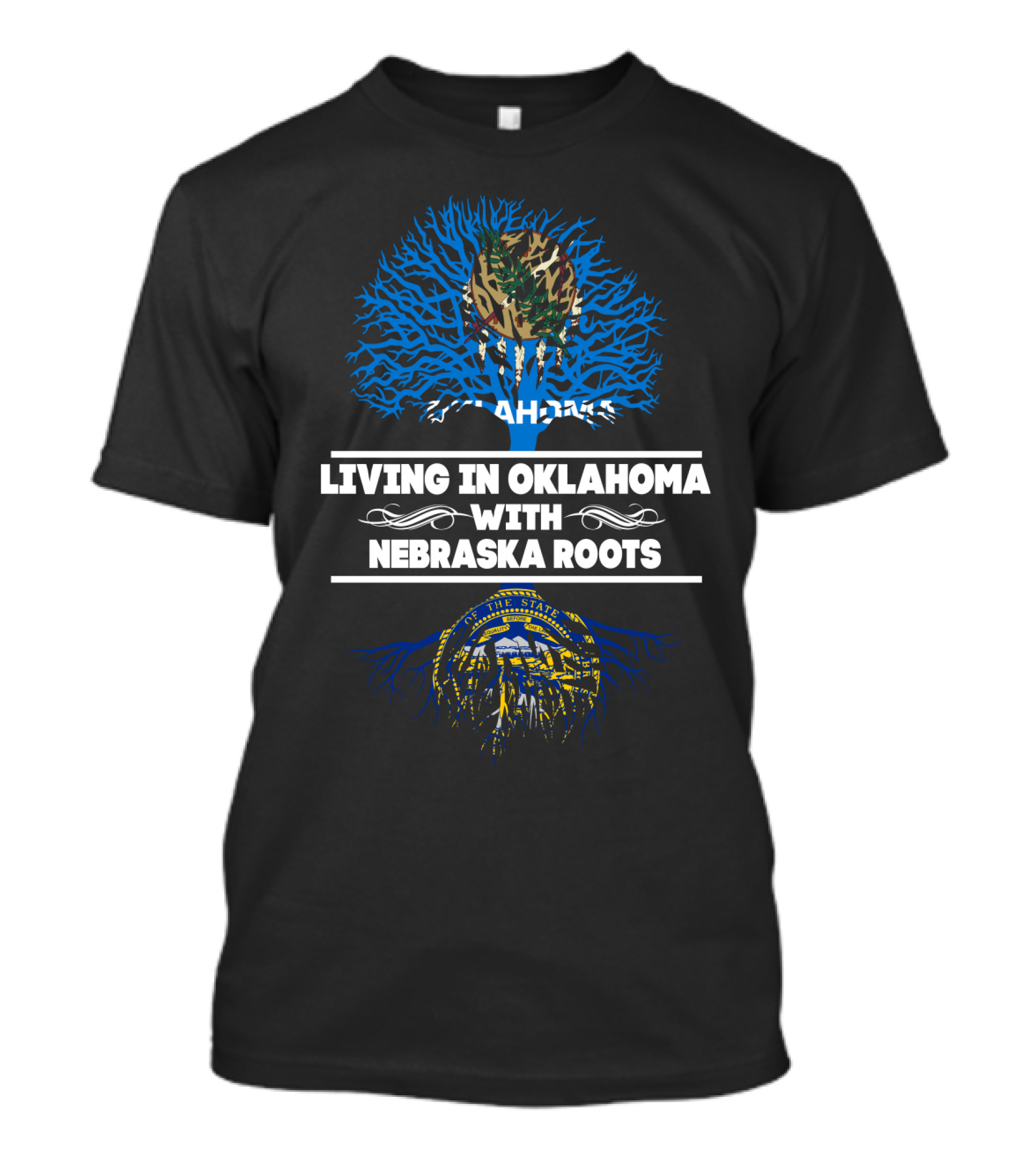 Living In Oklahoma With Nebraska Roots Blue Tree T-Shirt