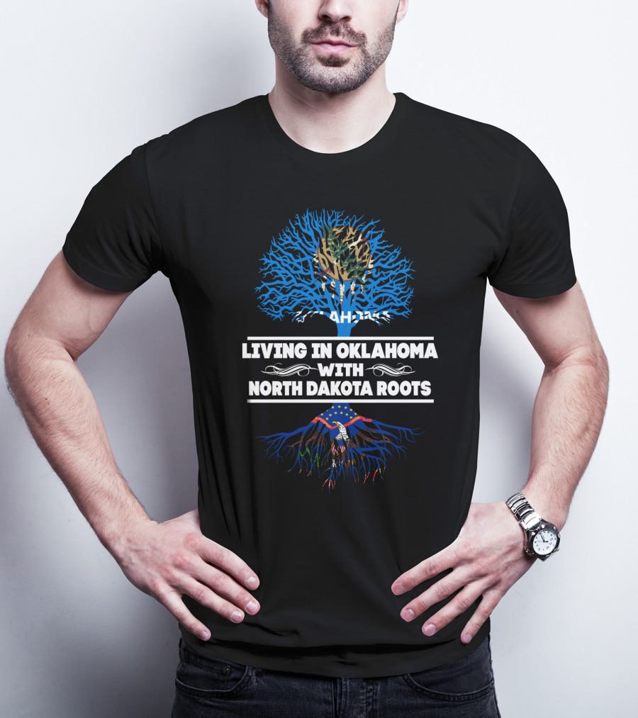 Living In Oklahoma With North Dakota Roots And Blue Tree With Bald Eagle Image T-Shirt