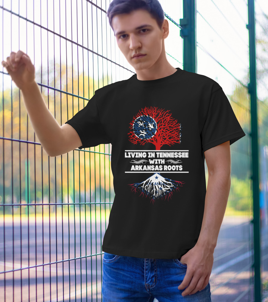 Tennessee Living With Arkansas Roots Red Tree Blue Roots Flag Motif T-Shirt