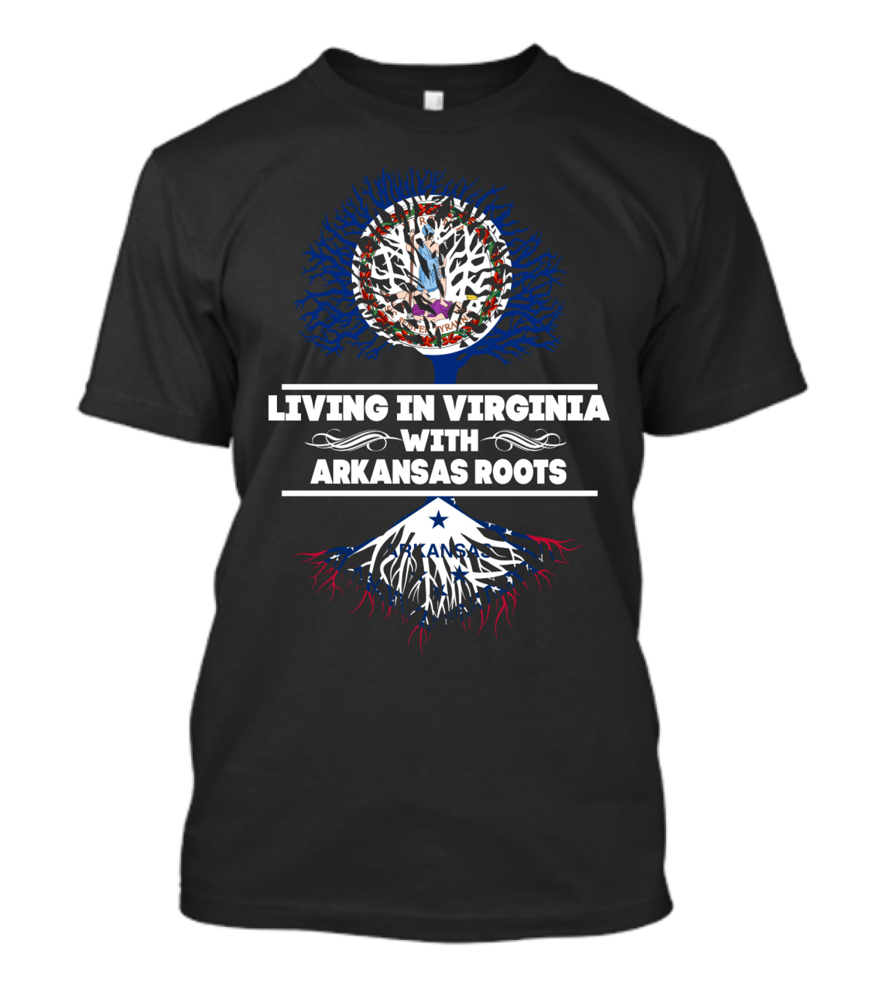 Living In Virginia With Arkansas Roots Tree Design Featuring Virginia Seal And Arkansas Flag Elements T-Shirt