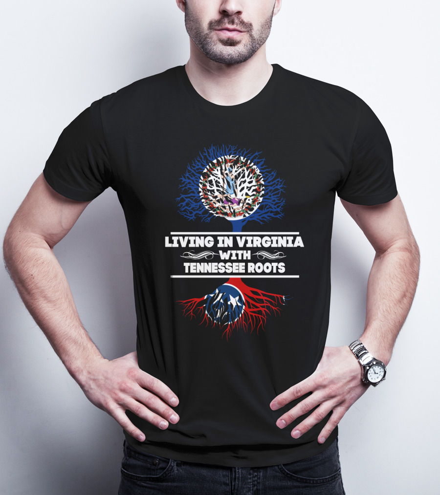 Living In Virginia With Tennessee Roots Tree Design Featuring American Flag Elements T-Shirt