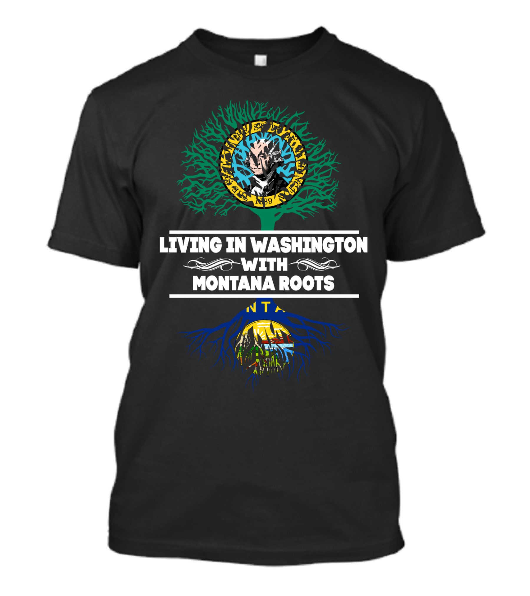 Dual State Identity Living In Washington With Montana Roots Tree T-Shirt